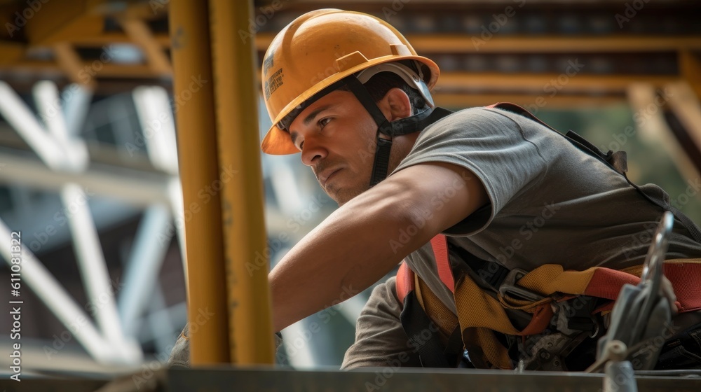 Generative AI Construction worker wearing full body safety harness ...