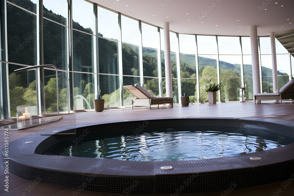 Thermal pools in the SPA interior with ceiling lighting, thermal water ...