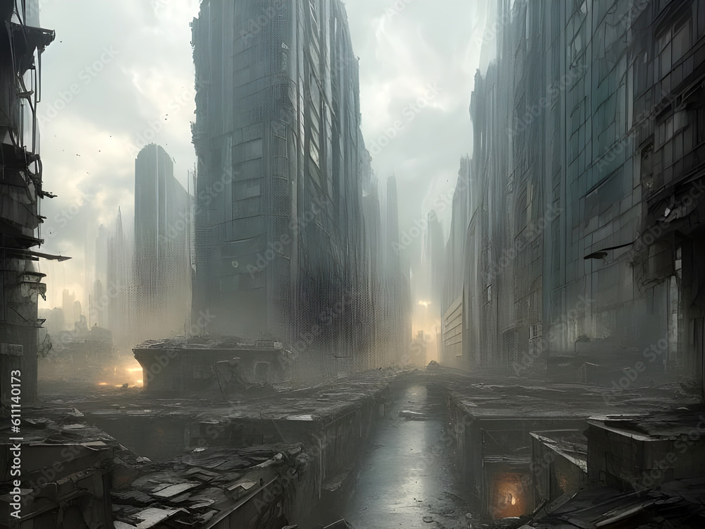 Abandoned destroyed city with ruined buildings, apocalyptic fantasy ...