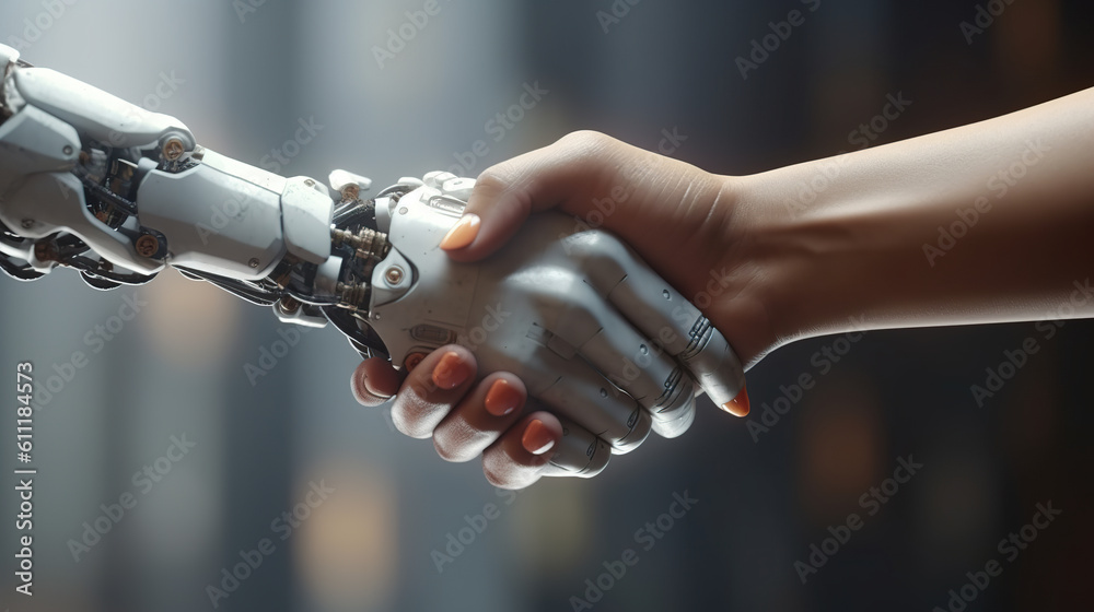 Human and artificial intelligence robot in a handshake to collaborate ...