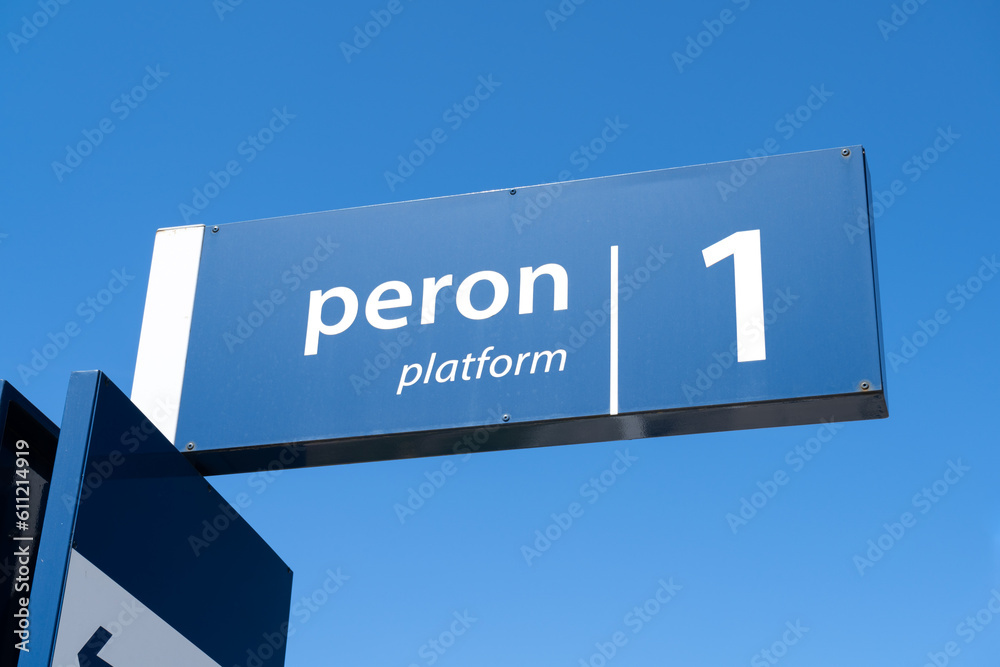 Blue railway station sign in Poland. Train platform number information ...