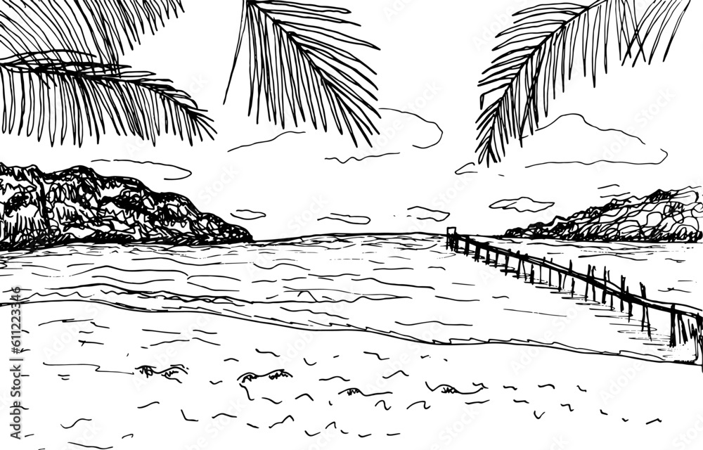 Sea coast graphic beach with palm and bridge black white landscape ...