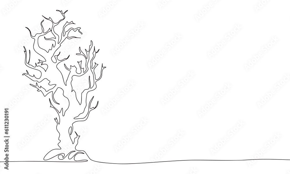 Creepy tree. One line continuous Halloween dry tree isolated on white ...
