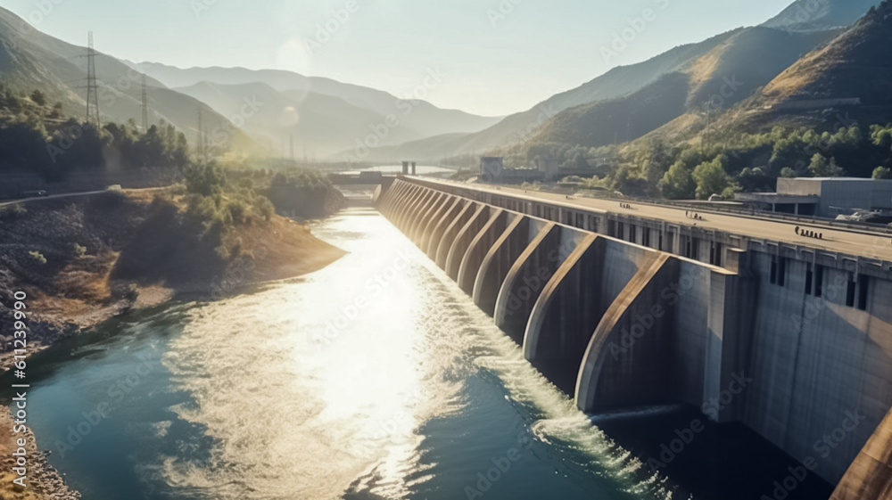 Hydroelectric dam on the river. Water rushing out of opened gates of a ...