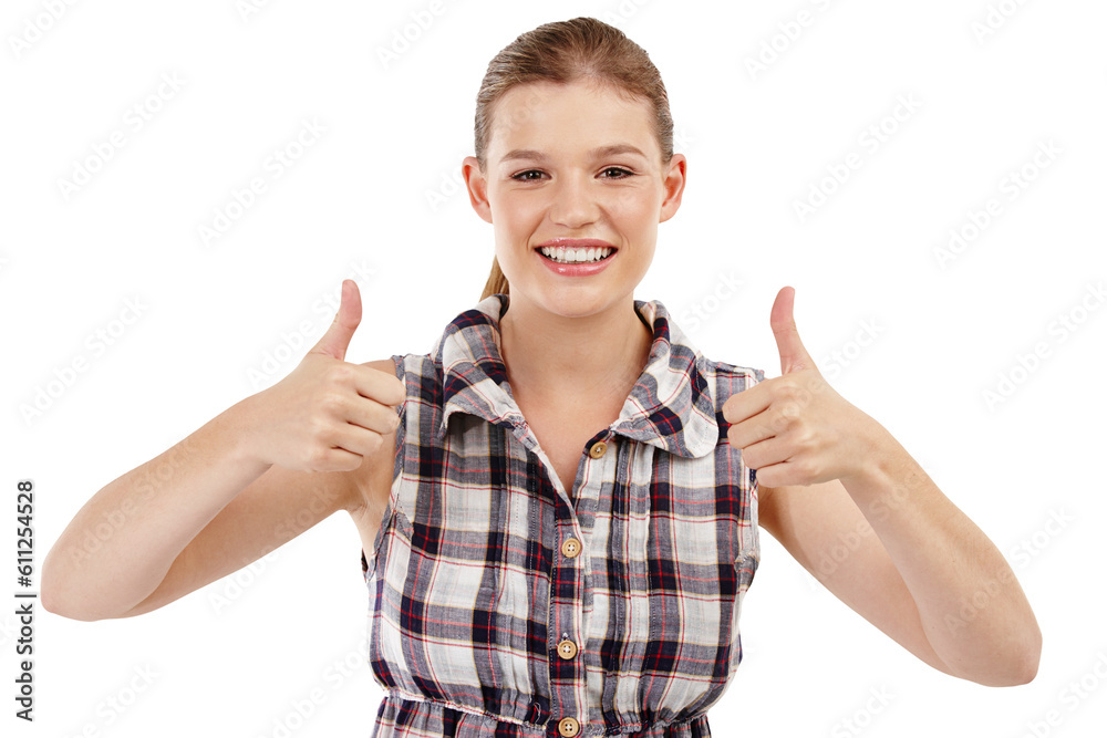 Thumbs up, portrait and teen girl smile, success and positive feedback ...