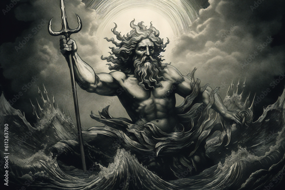 Engraving portrait of Neptune the Roman god of the sea who's Greek ...