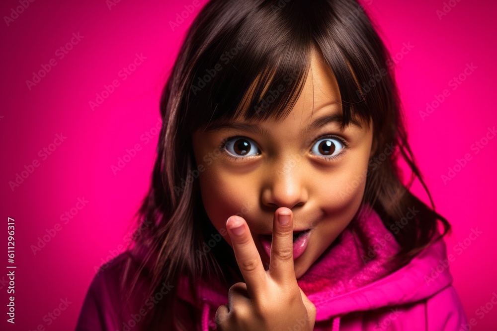 Close-up portrait photography of a grinning kid female making a silence ...
