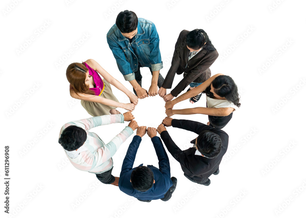Top view of people in team stack hands at the circle together as unity ...