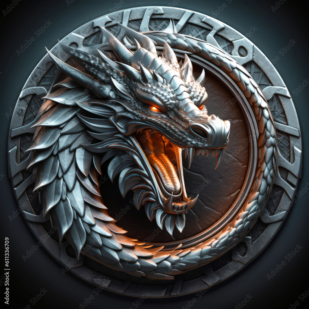 Dragon, silver metal game emblem, cyberpunk style game badges on ...
