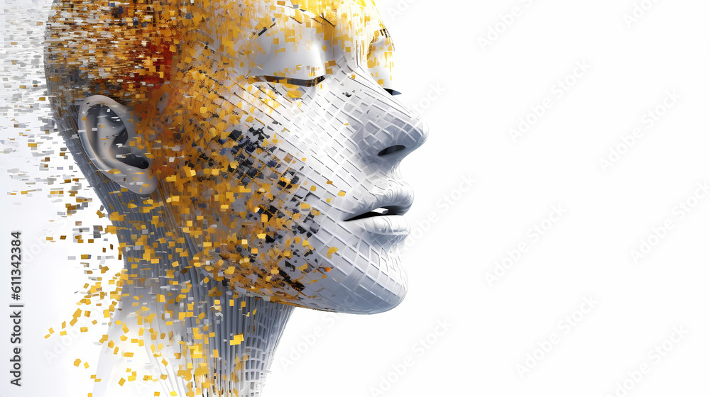 3D Render. Human face transforming to robot. AI technology, white background, digitalism ...
