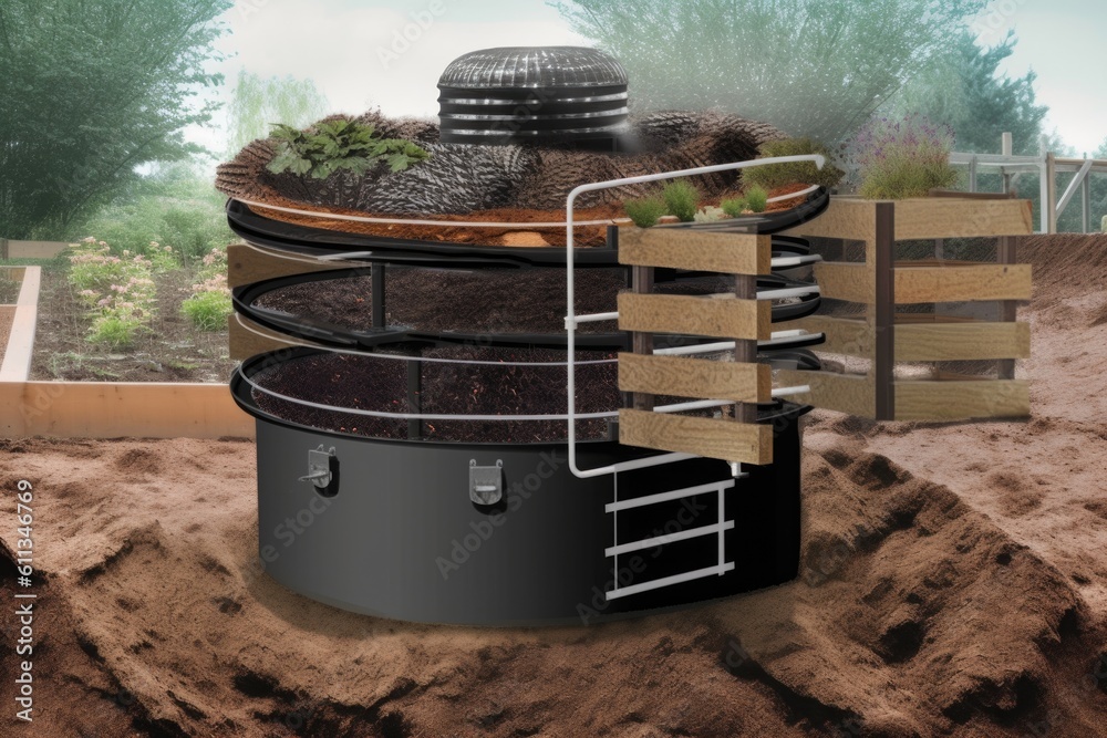 composting system with rotating and aerating mechanisms to increase air flow, created with ...