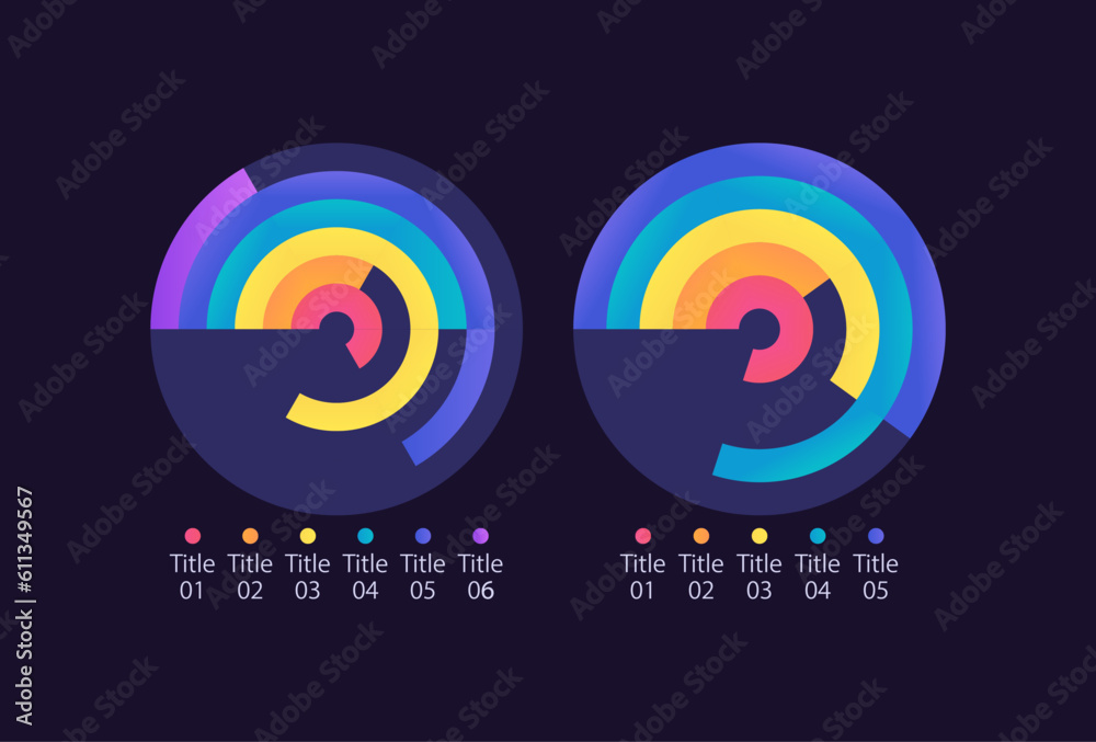 Stock-Vektorgrafik „Radial bar infographic chart design template set for dark theme. Compare key ...