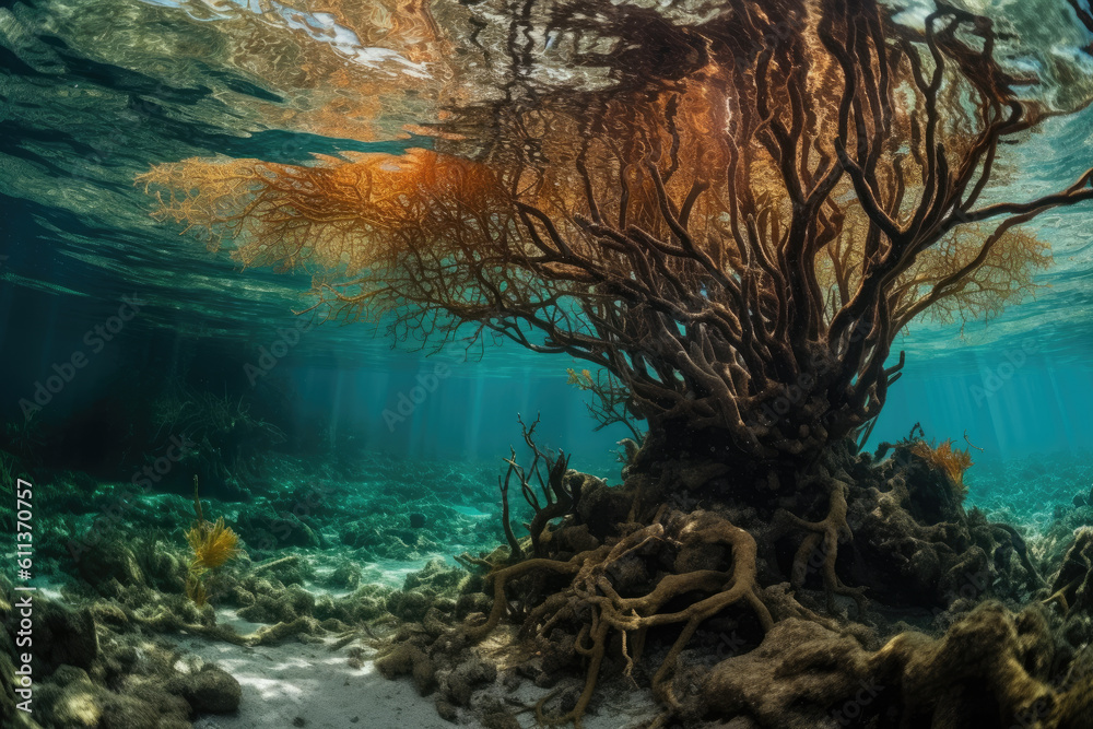 Generative AI illustration of underwater view of blue sea of red coral ...