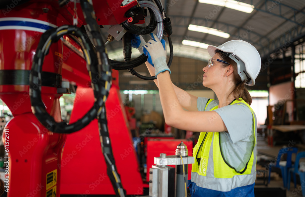 An engineers installing and testing a large robotic arm. before sending ...