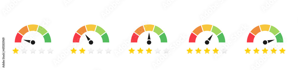 Set of speedometer icons with star rating. Speedometer, gauge meter ...