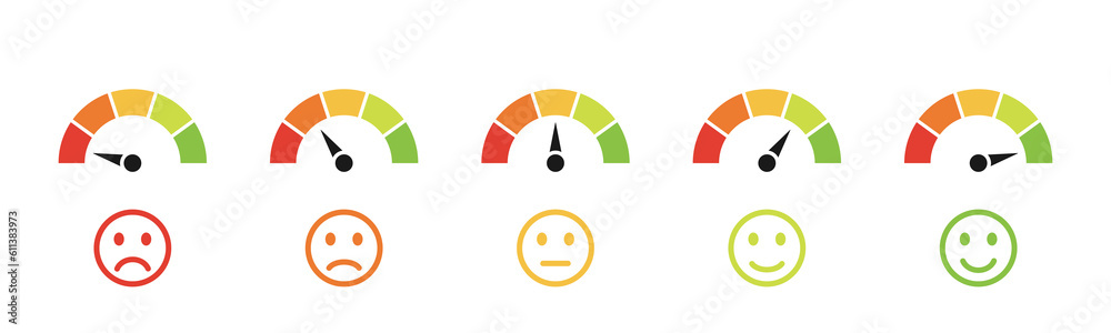 Set of colorful speedometers. Mood meter or rating scale of customer ...