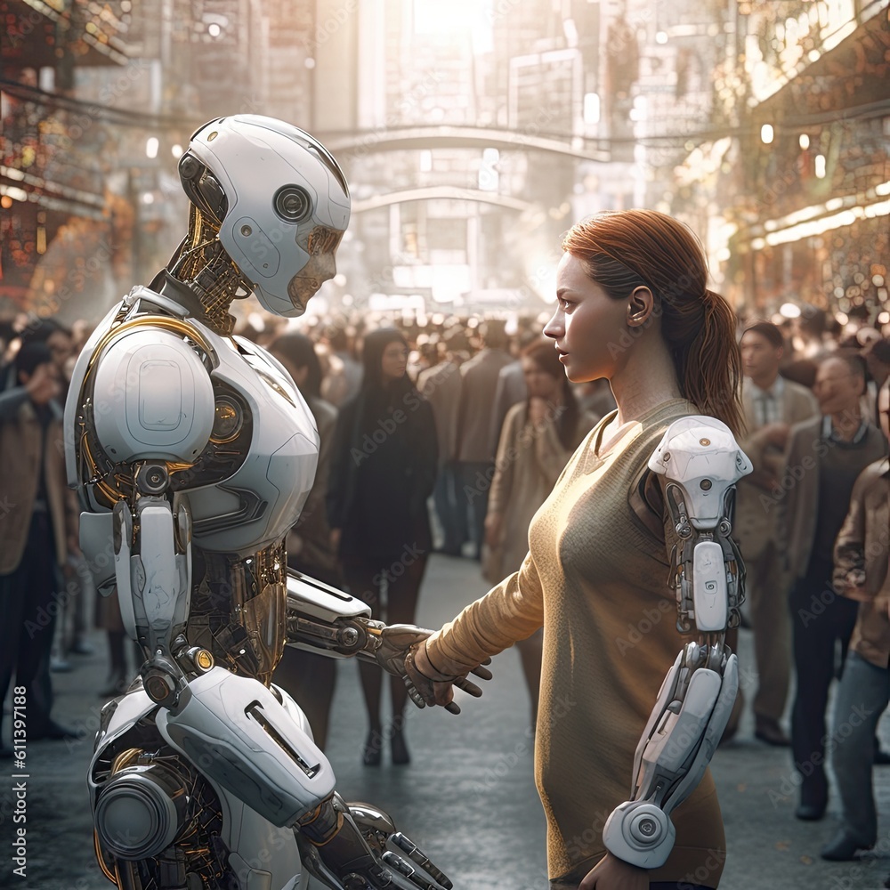 Capture the essence of artificial intelligence in a conceptual image, showcasing a humanoid ...