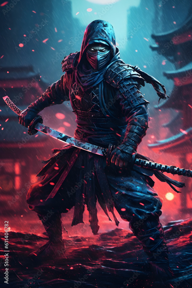 Portrait of a cyborg ninja unleashing his sword, medieval japanese ...