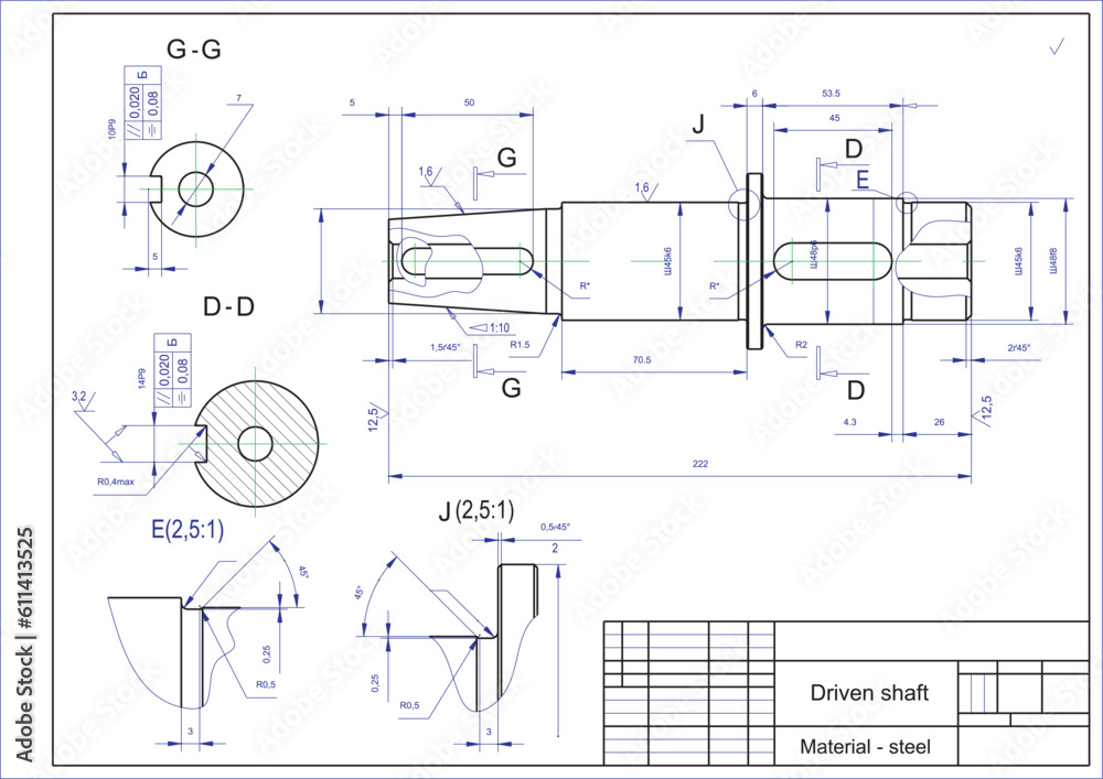 Vector drawing of a steel mechanical part with through holes. Driven shaft. Engineering cad ...