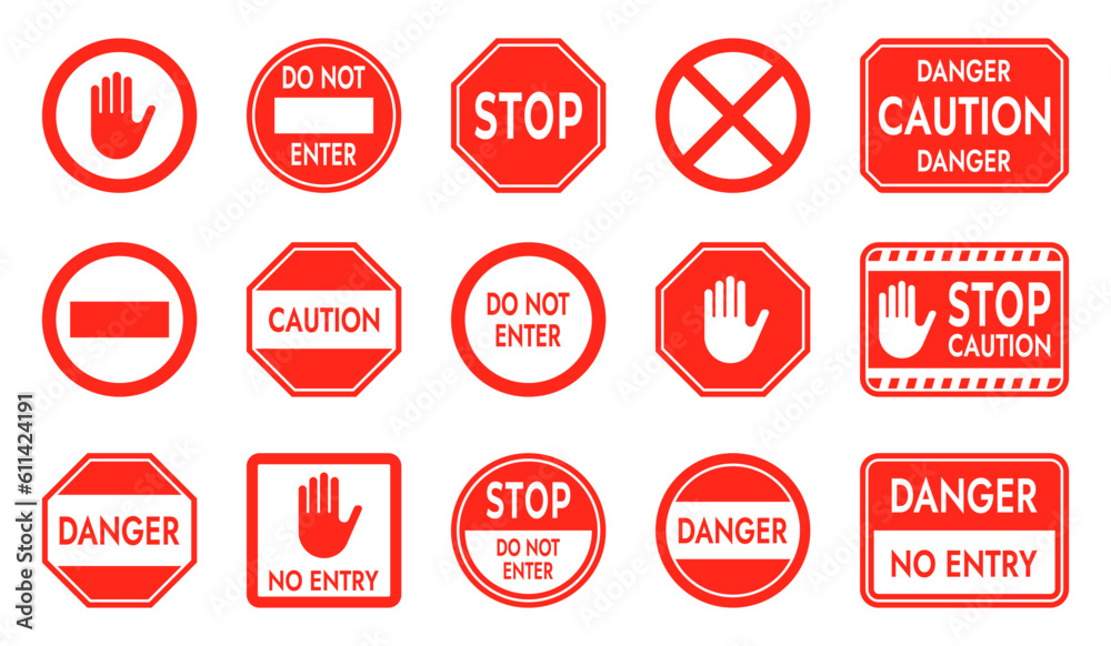 Prohibition stop sign. Warning danger crosswalk pedestrian area, car ...