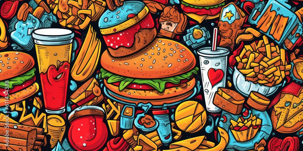 Fastfood hand drawn cartoon doodles illustration. Fast food funny ...