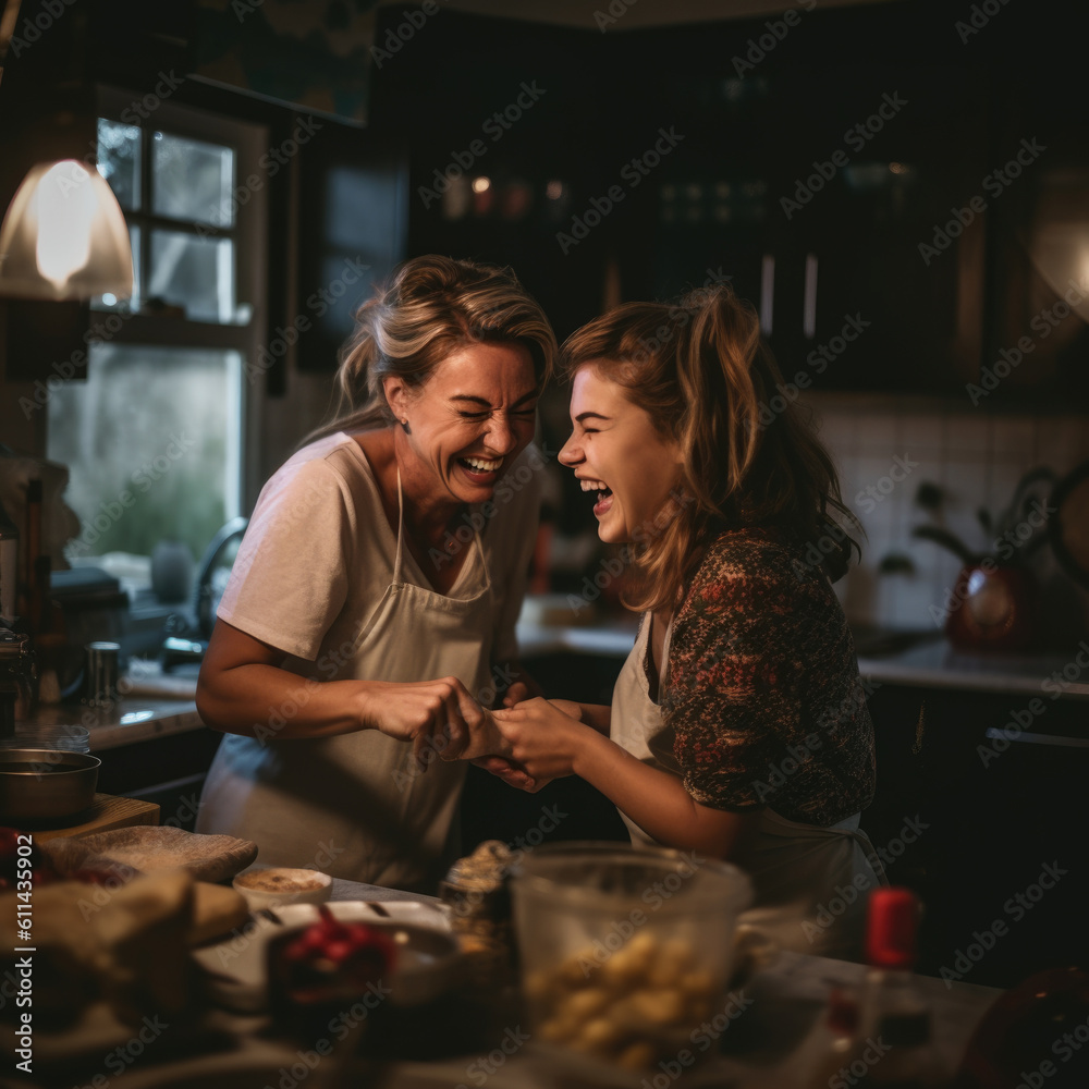 Ilustración de Stock Mother and daughter helping each other to cook in ...
