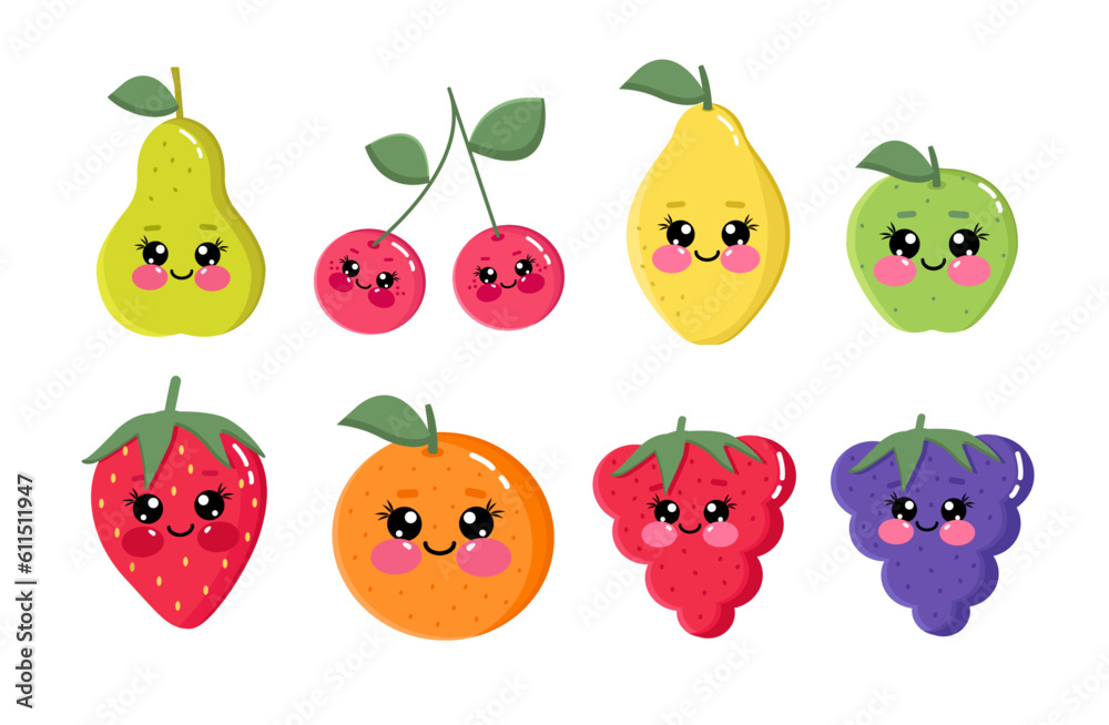 Big set of cute kawaii fruits and berries characters. Smiling fruit ...