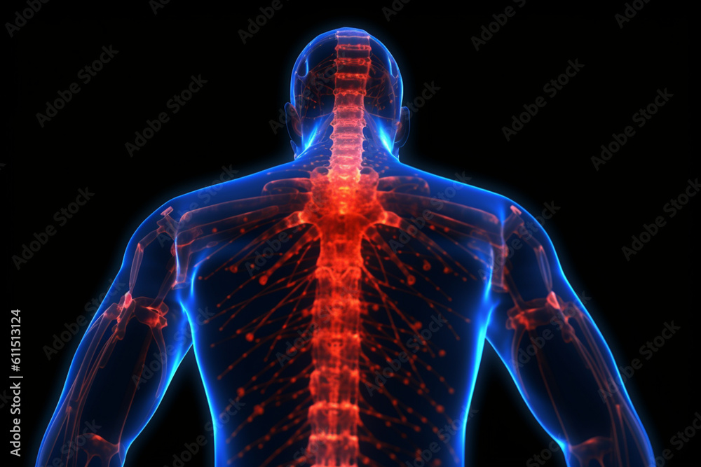 Red spot signifies pain in the spine, man with backache and lower back ...
