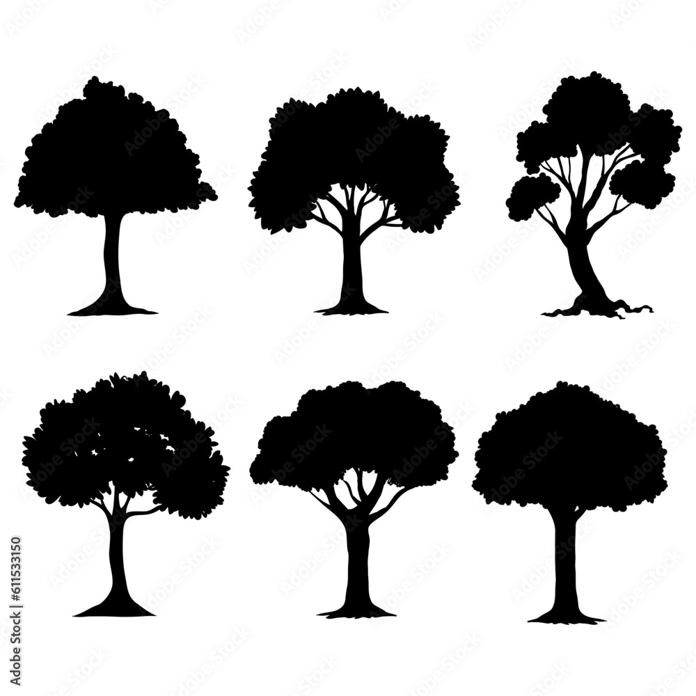 silhouette tree line drawing set, Side view, set of graphics trees ...