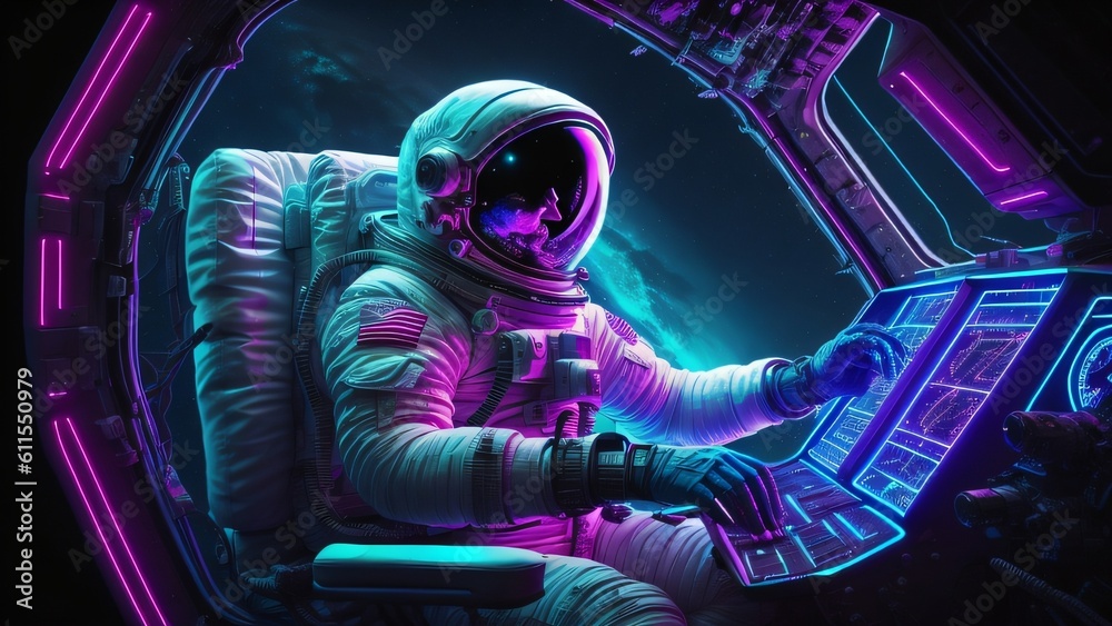 Astronaut or spaceman on cockpit with outer space background. Neon ...