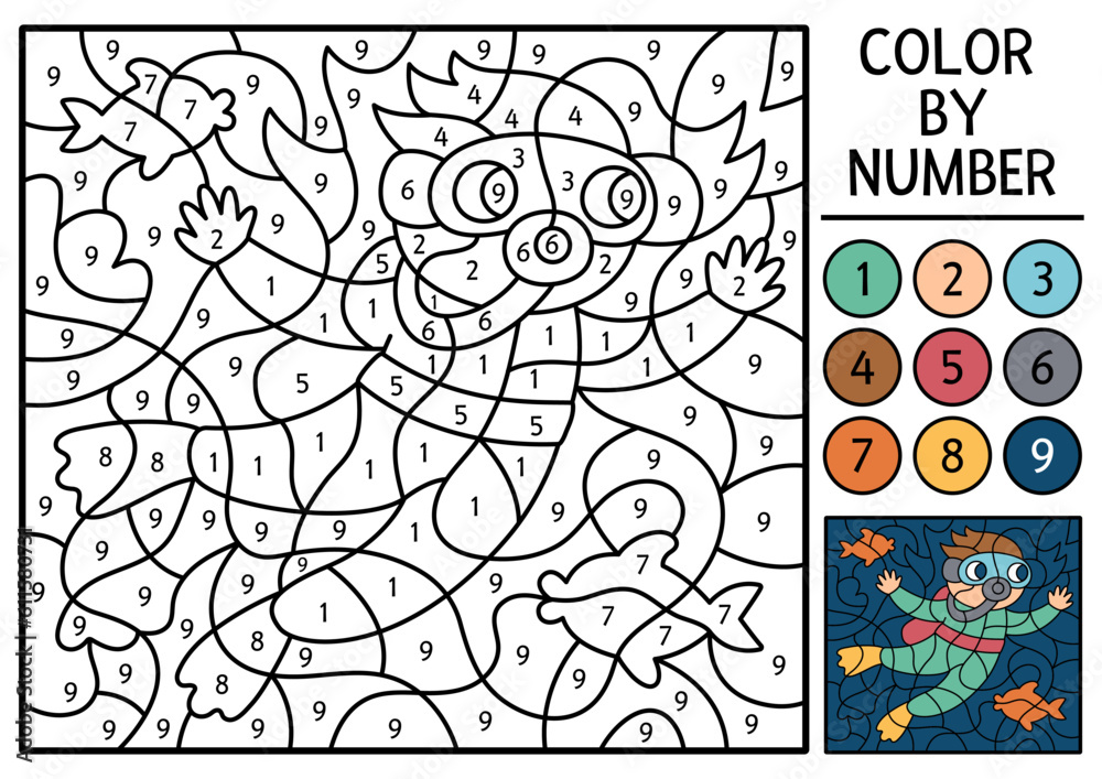 Vector under the sea color by number activity with scuba diver and fish ...