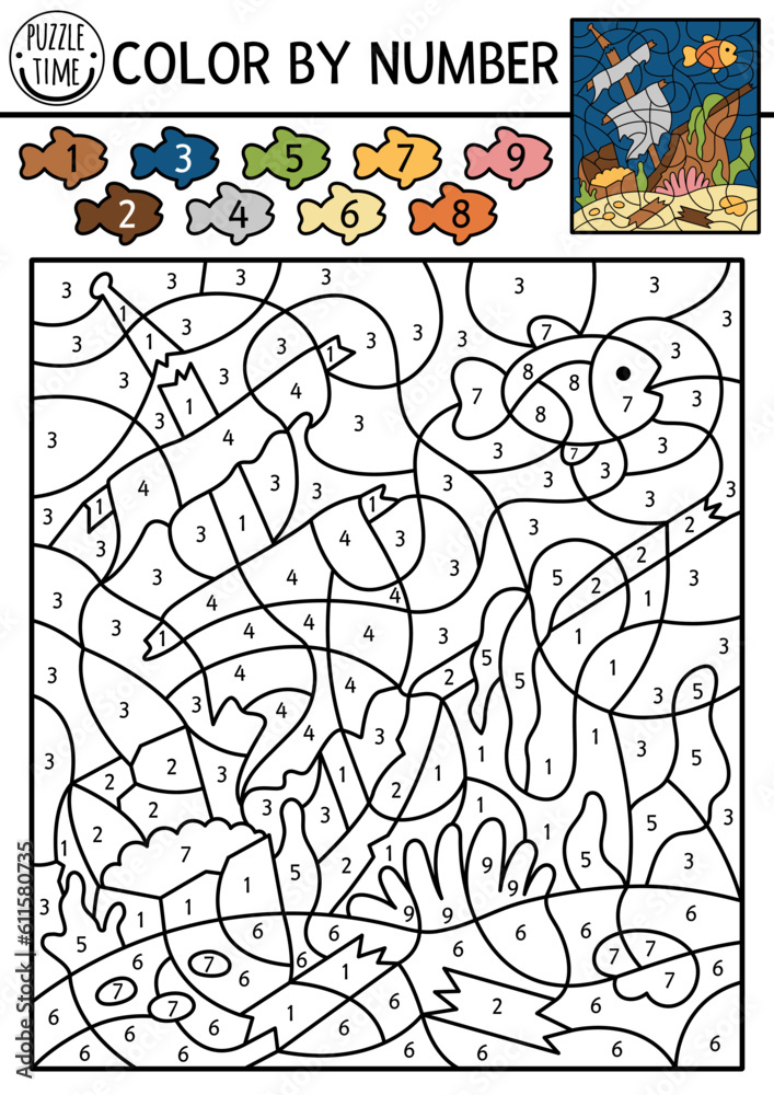 Vector under the sea color by number activity with wrecked ship and ...