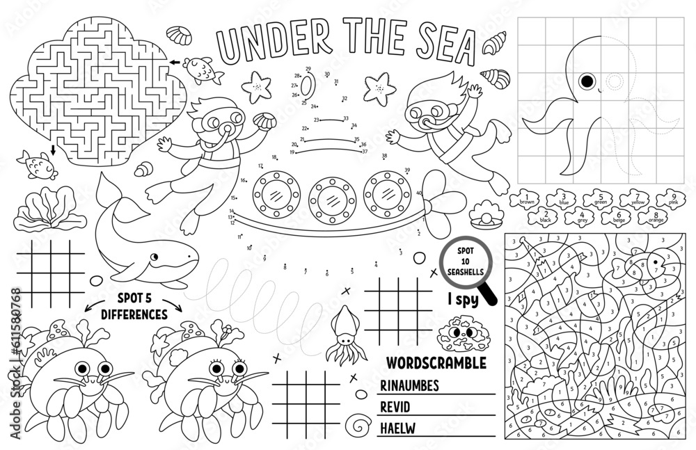 Vector under the sea placemat for kids. Ocean life printable activity ...