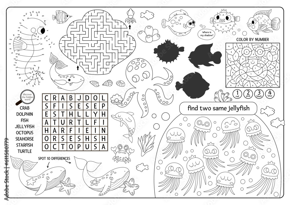 Vector under the sea placemat. Ocean life line printable activity mat ...