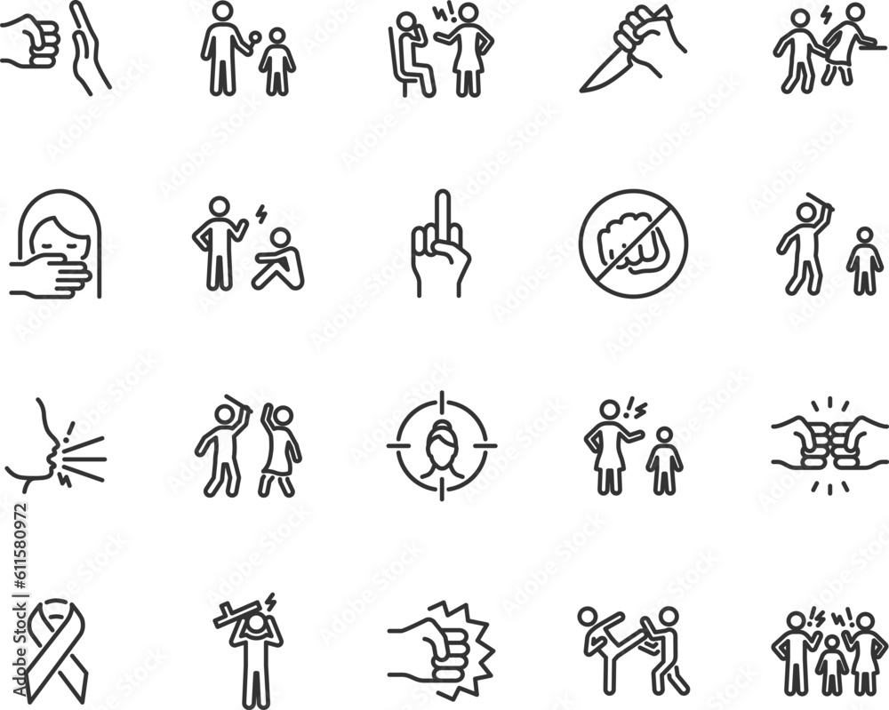 Vetor Vector set of violence line icons. Contains icons harassment ...