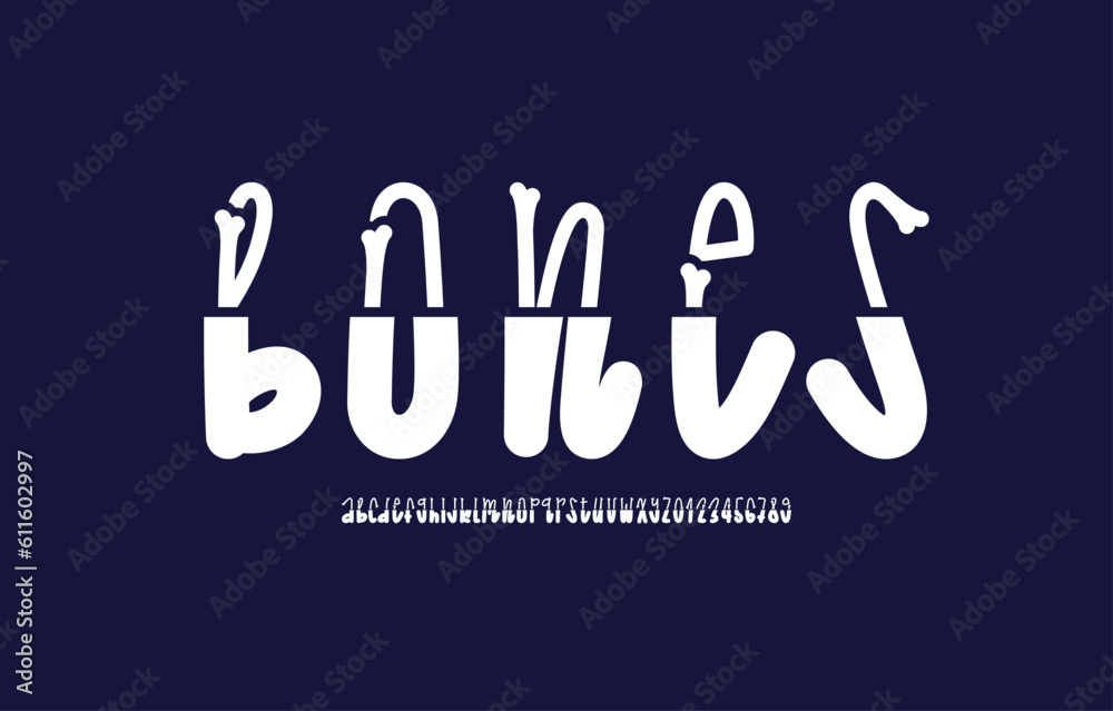 Skeleton creepy font, alphabet in the horror style, cartoon zombie white letters and numbers ...