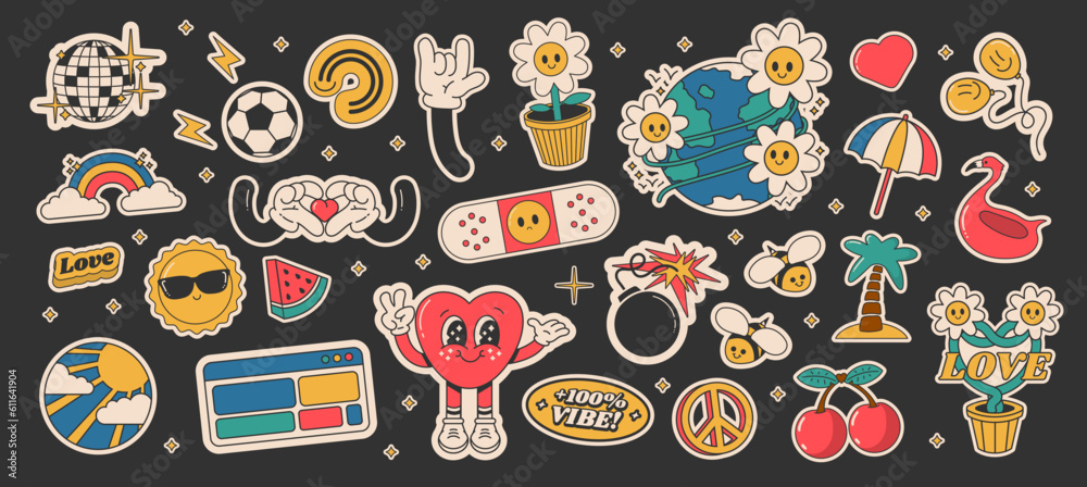 Cartoon groovy stickers 70s. Cute retro characters. Hippie style, set ...