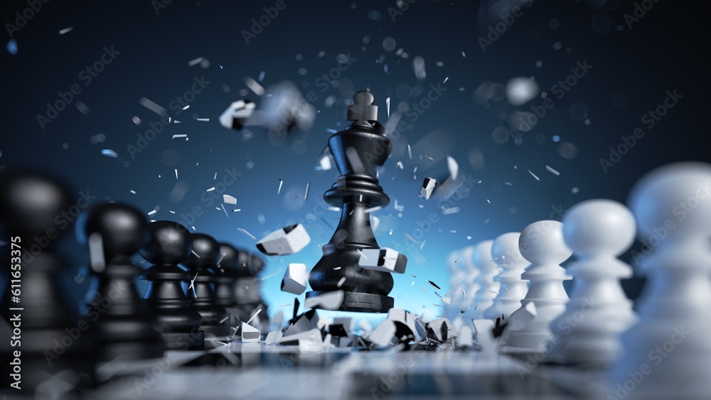 3d illustration, chess game aggressive move, black king chess piece ...
