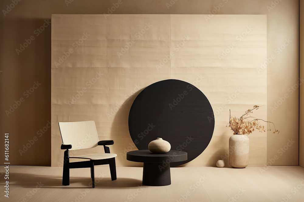 Cream color wall panels and a side table in a minimalistic interior ...