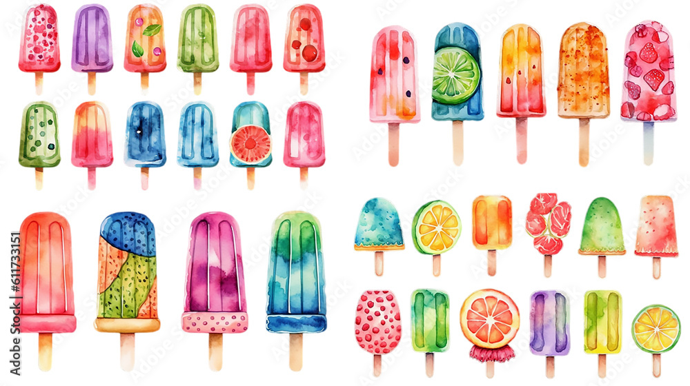 Watercolor popsicles clipart set transparent background generative ai ...