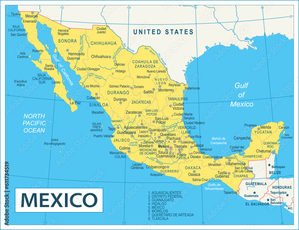 Mexico Map - highly detailed vector illustration Stock Vector | Adobe Stock