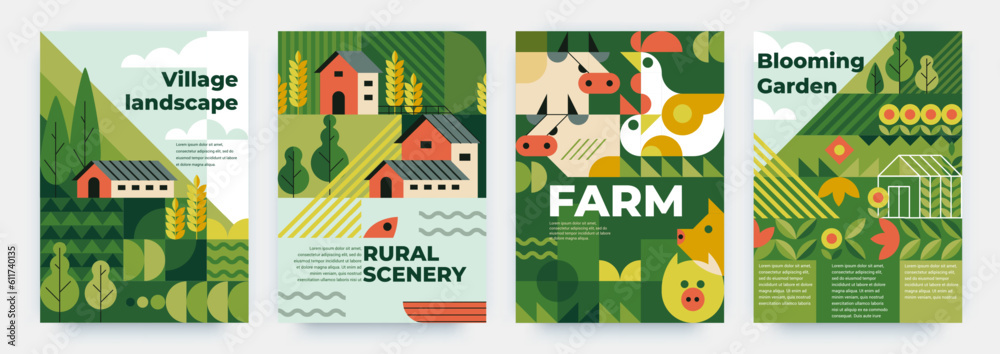 Nature house landscape. Geometric patterns. Abstract posters with ...