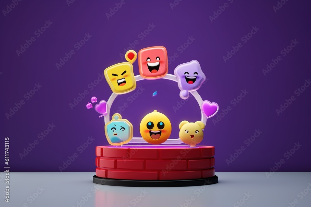Cartoon emoticon display stand with candles and confetti. Social media ...
