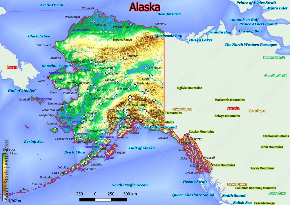 Physical map of Alaska with mountains, plains, bridges, rivers, lakes ...