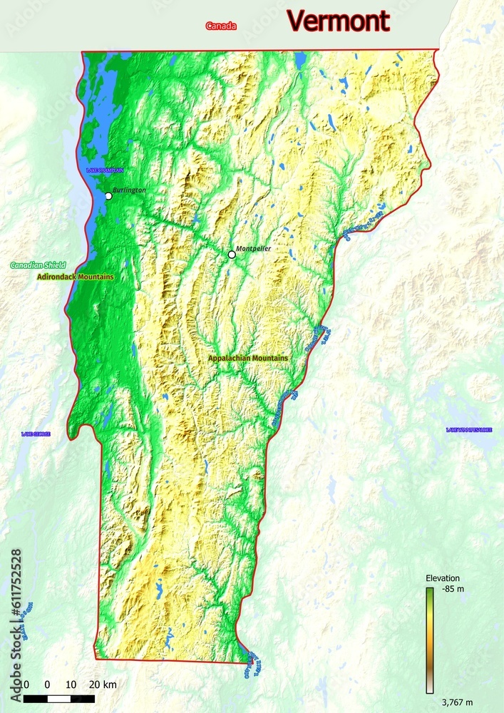 Ilustração Physical map of Vermont with mountains, plains, bridges ...