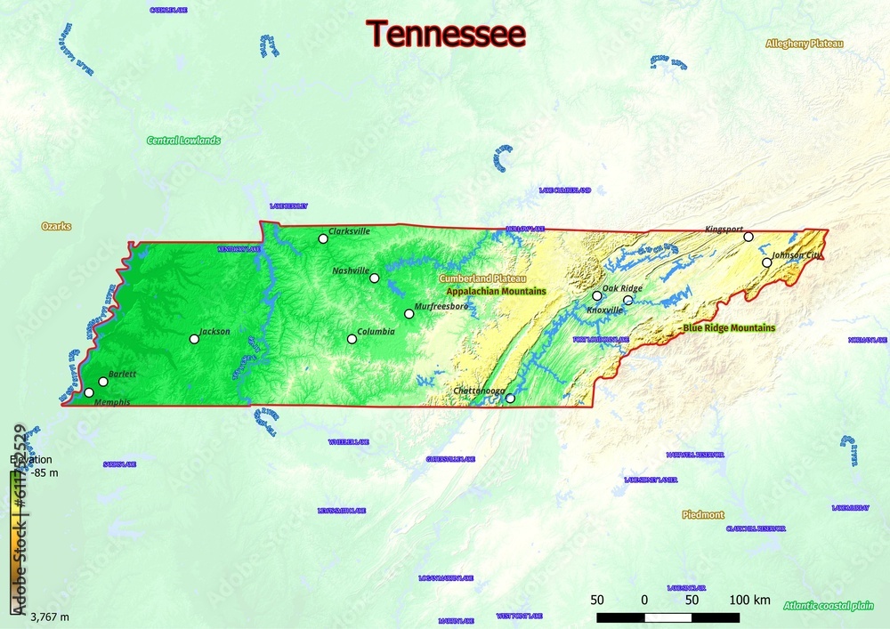 Physical map of Tennessee with mountains, plains, bridges, rivers ...