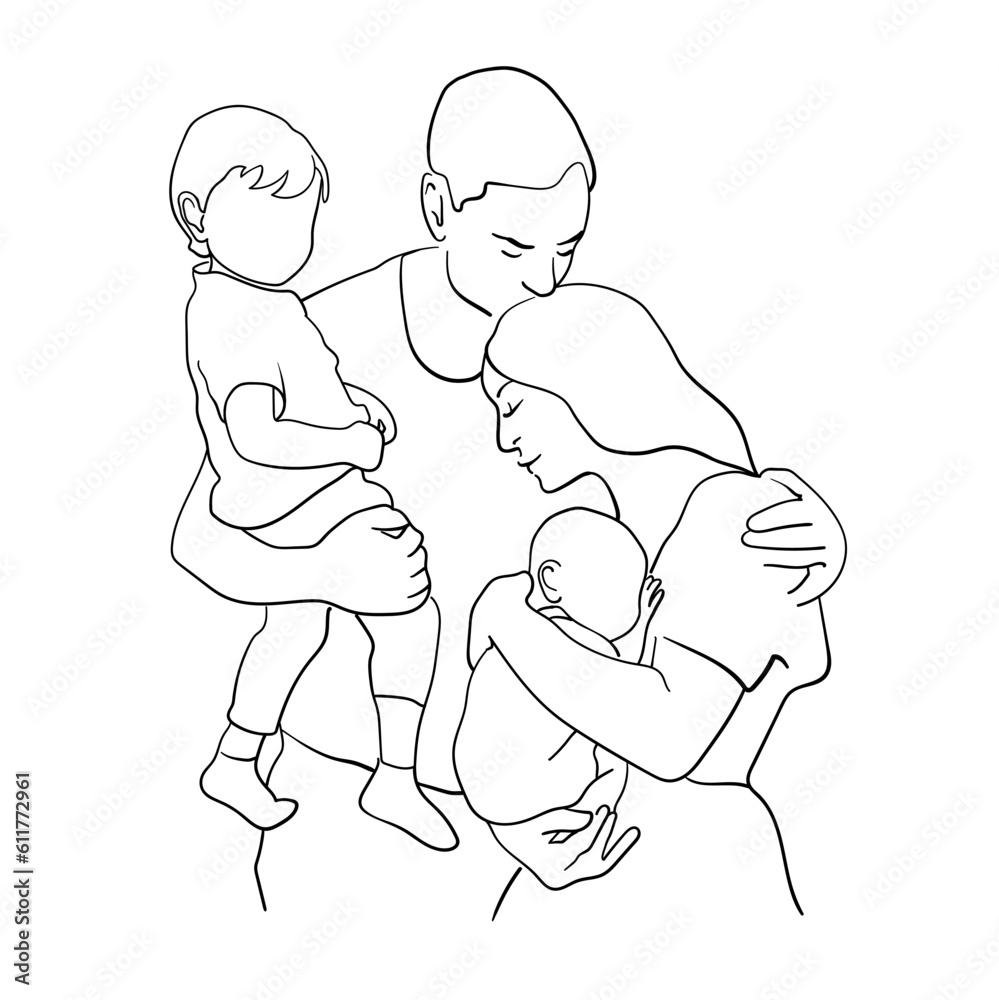 Happy family with kids line art on white background. Parents and ...
