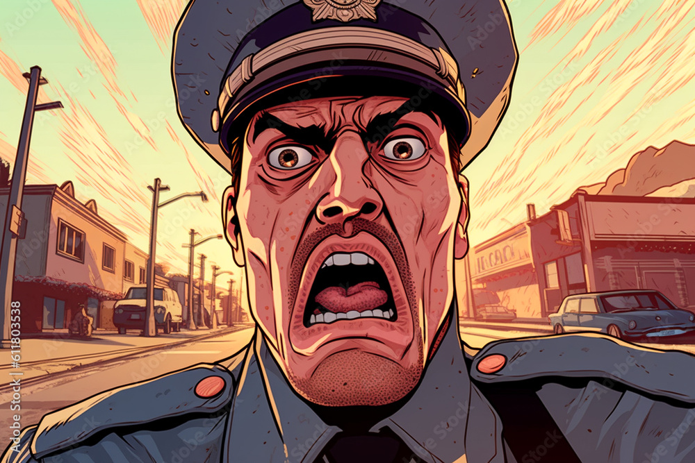 Graphic novel style image of an overworked and surprised police officer ...