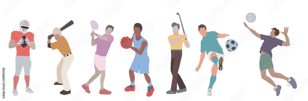 Sportsmen set. Sport flat characters. Professional football, baseball ...