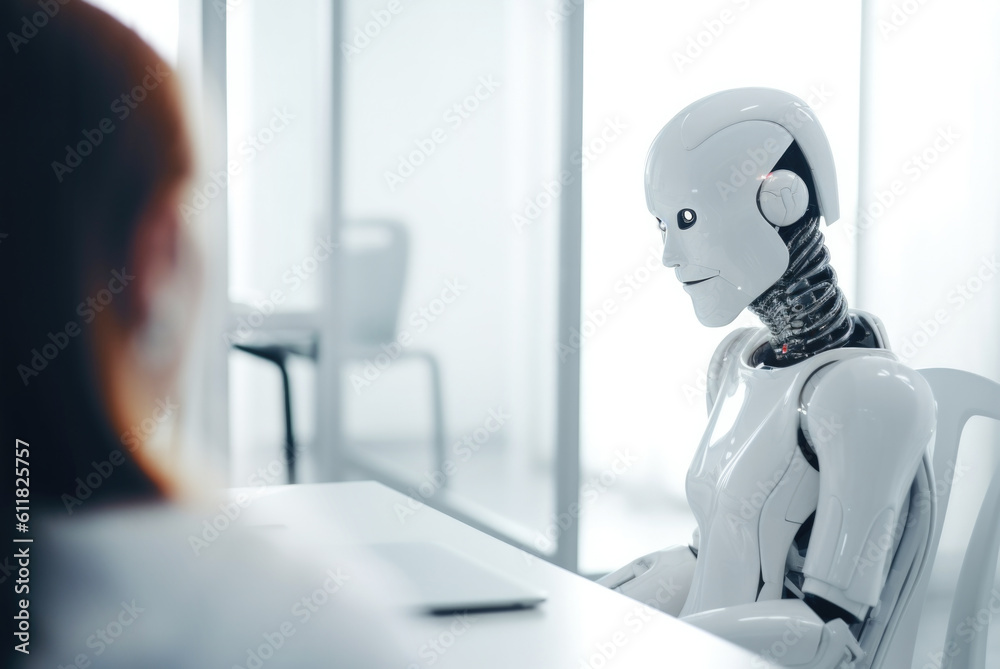AI robot in a job interview with a human in office at work. Generative ...